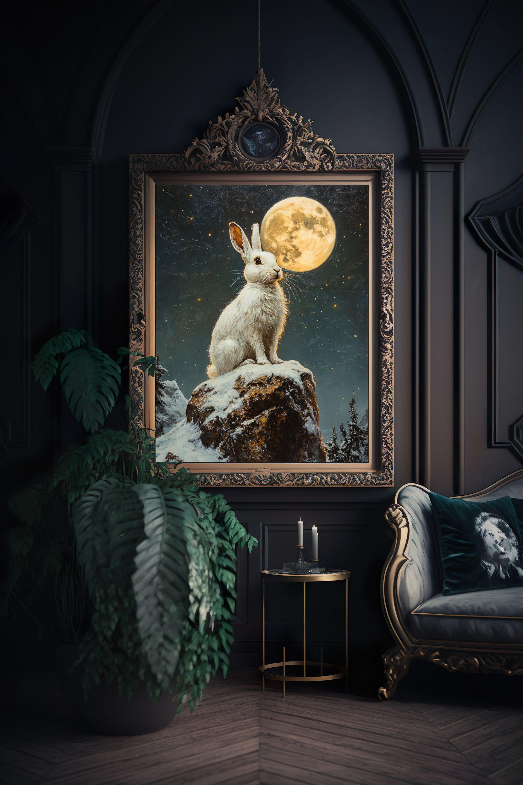 Snow Hare Art Print: Winter Full Moon Animal Illustration - Etsy