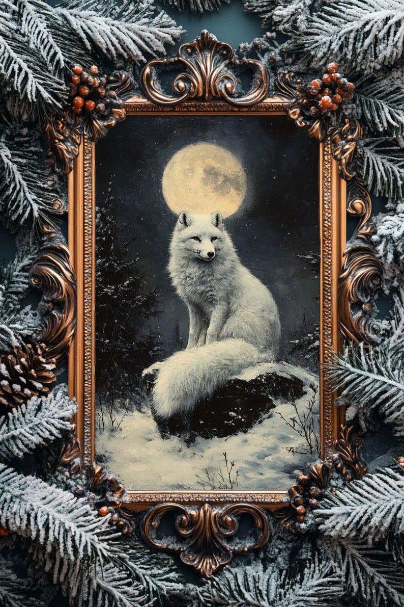 Arctic Fox Art Print: Winter Moonlight Animal Illustration - Etsy