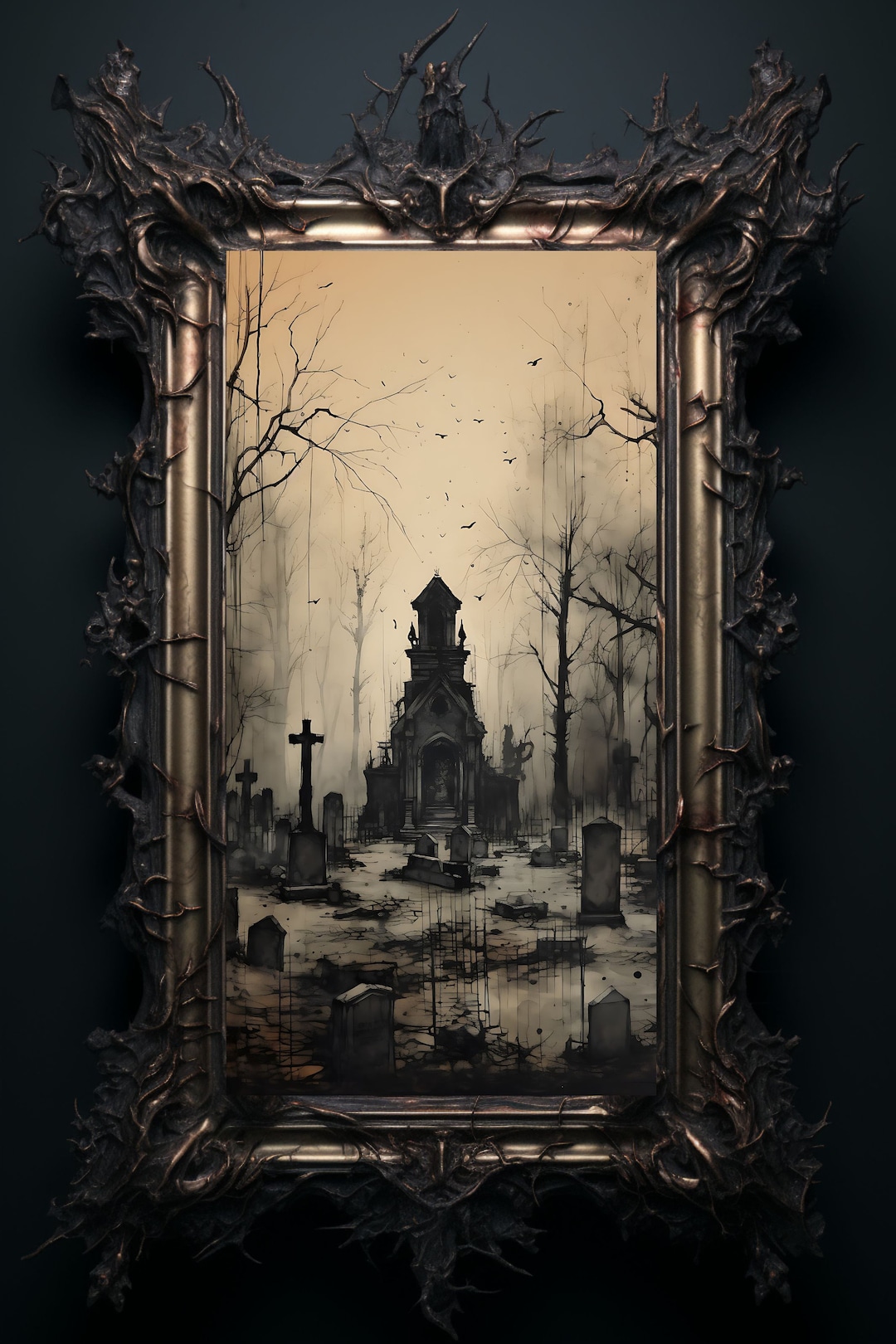 Haunted Cemetery Art Print Wall Hanging Home Decor Samhain Gothic Dark ...