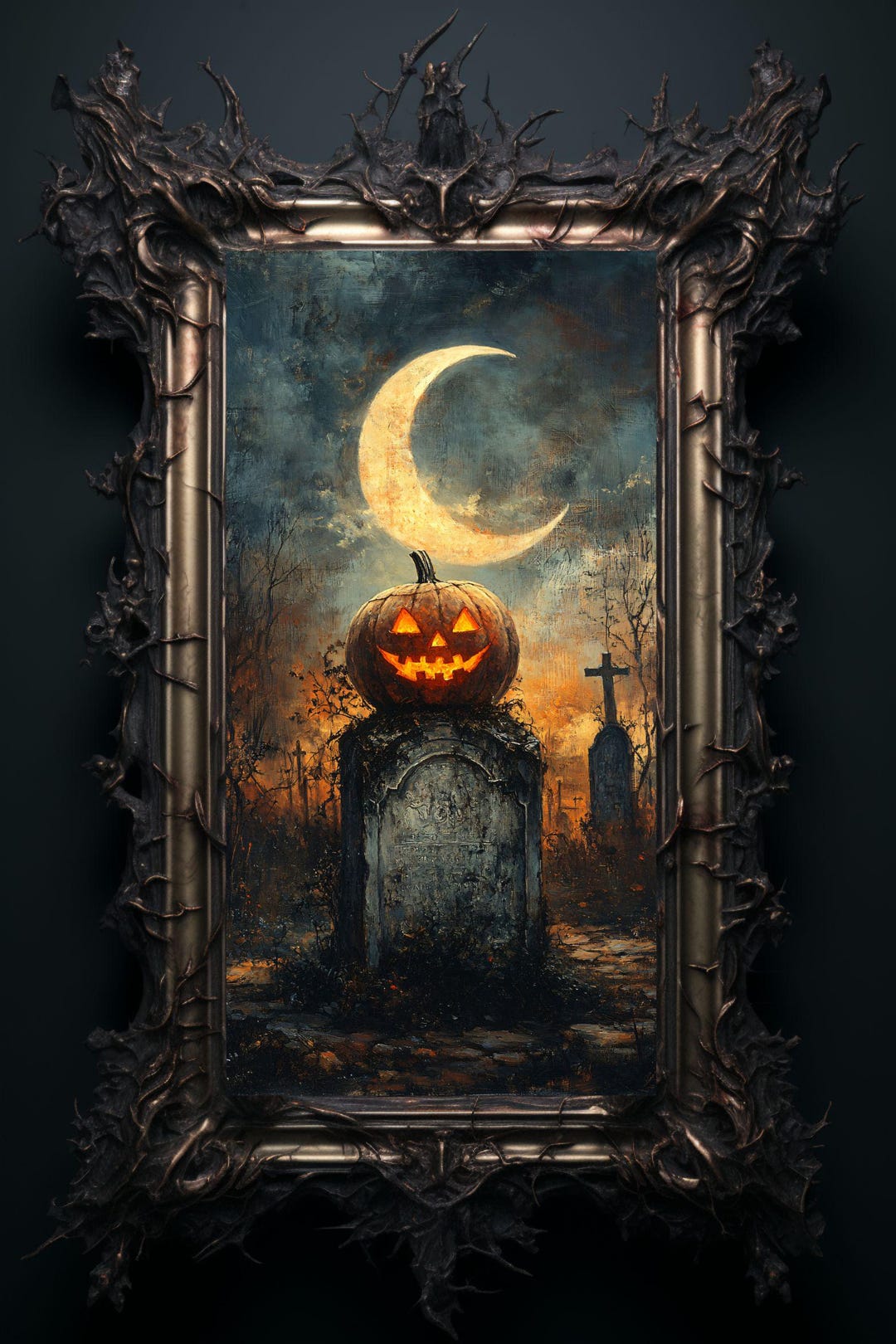 Jack O'lantern Graveyard Art Print, Halloween Pumpkin Wall Hanging ...