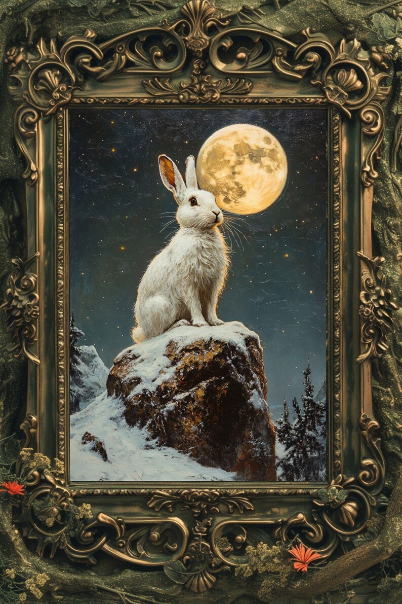 Snow Hare Art Print: Winter Full Moon Animal Illustration - Etsy
