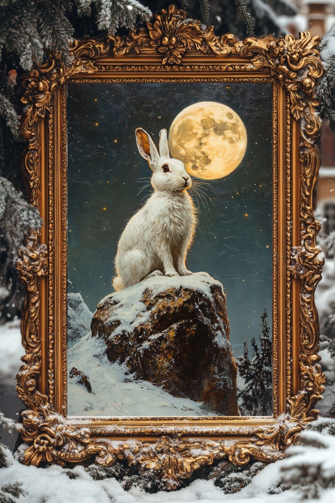 Snow Bunny Art Print, White Rabbit Hare, Winter Christmas Holiday ...