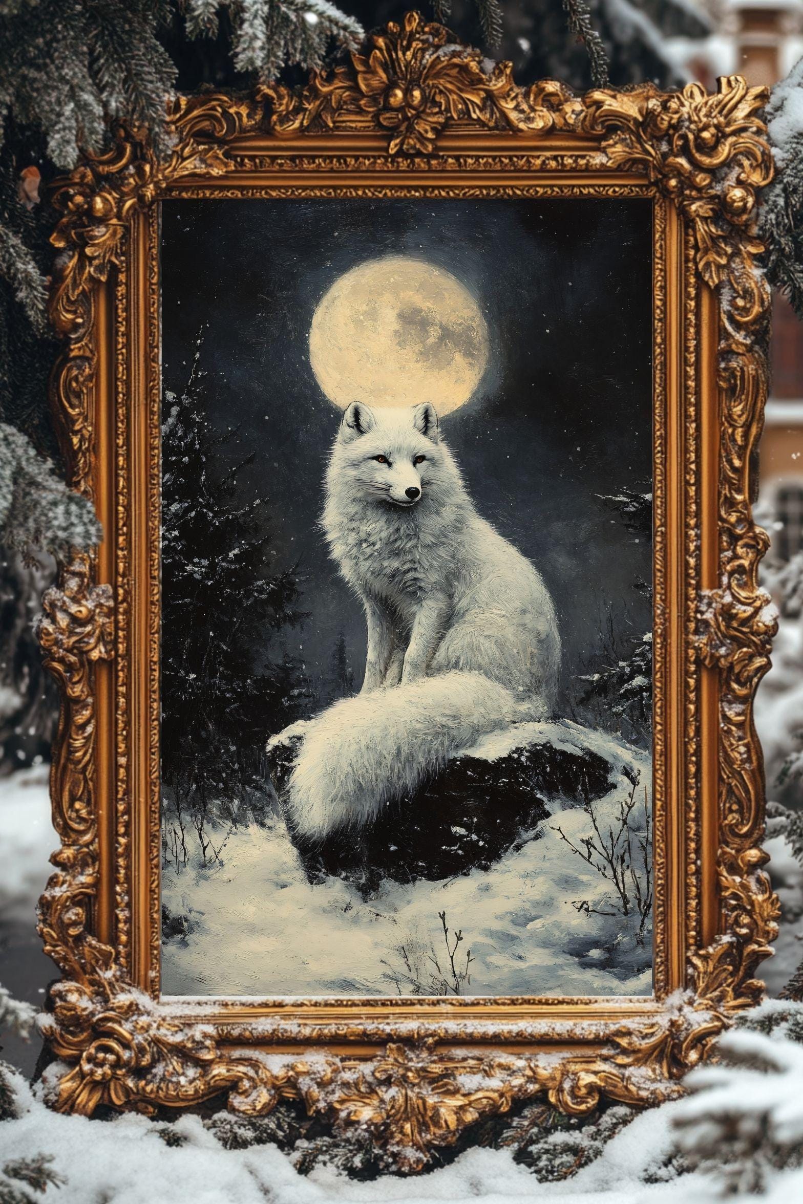 Arctic Fox Art Print: Winter Moonlight Animal Illustration - Etsy