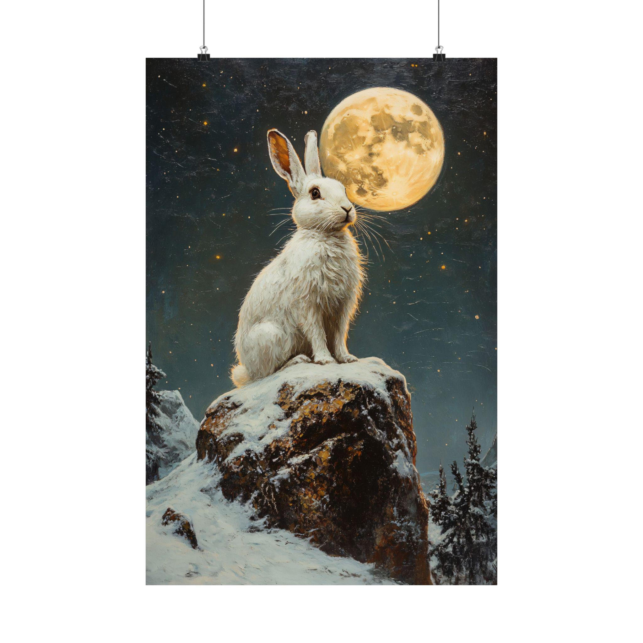 Snow Hare Art Print: Winter Full Moon Animal Illustration - Etsy