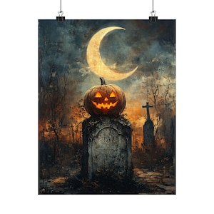 Jack O'lantern Graveyard Art Print, Halloween Pumpkin Wall Hanging ...