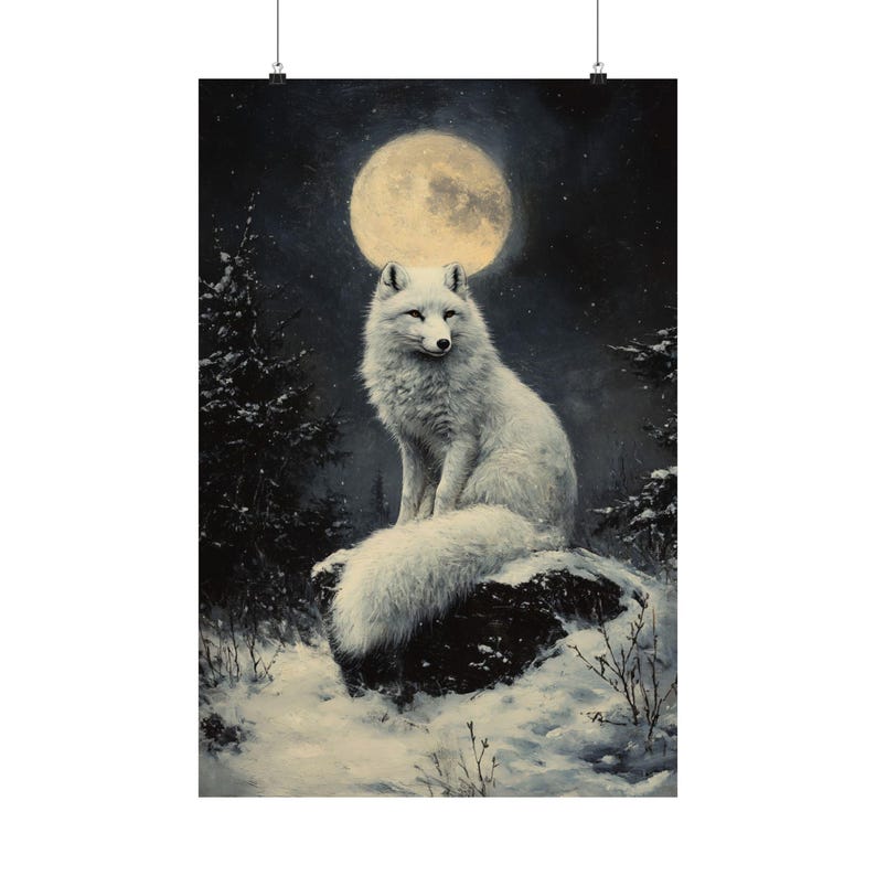 Arctic Fox Art Print: Winter Moonlight Animal Illustration - Etsy