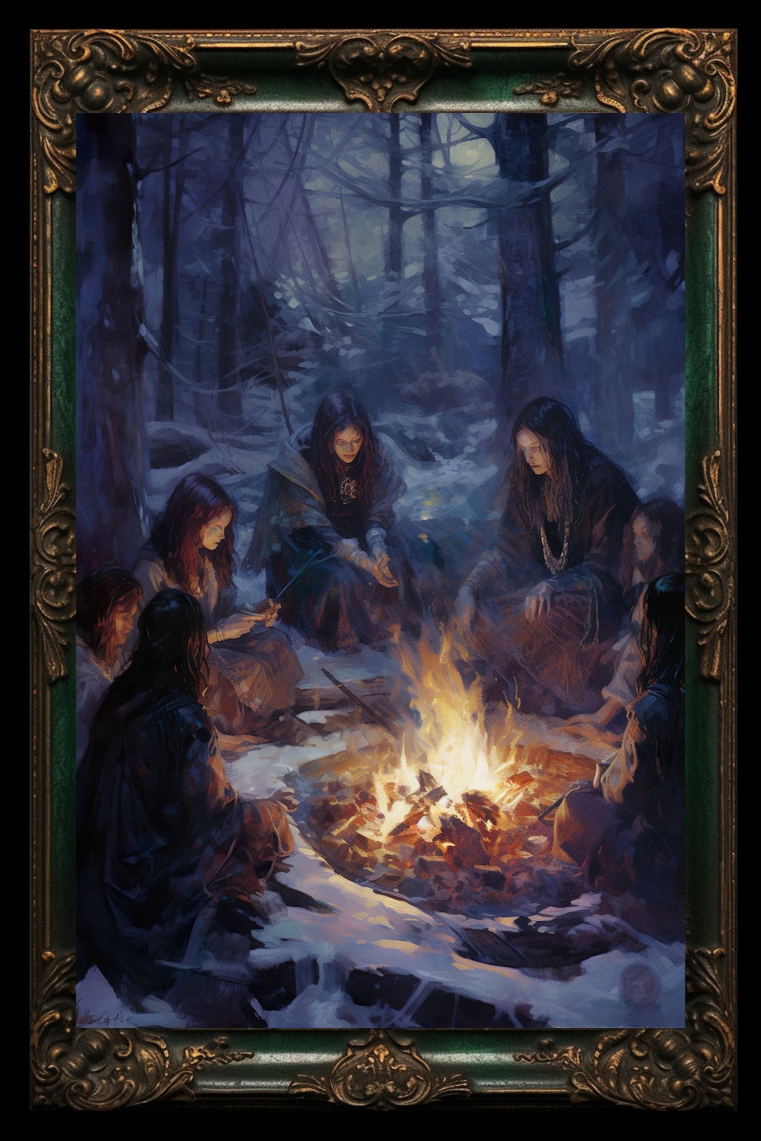 Witches at Yule Art Print Poster Home Decor Yuletide Bonfire European ...