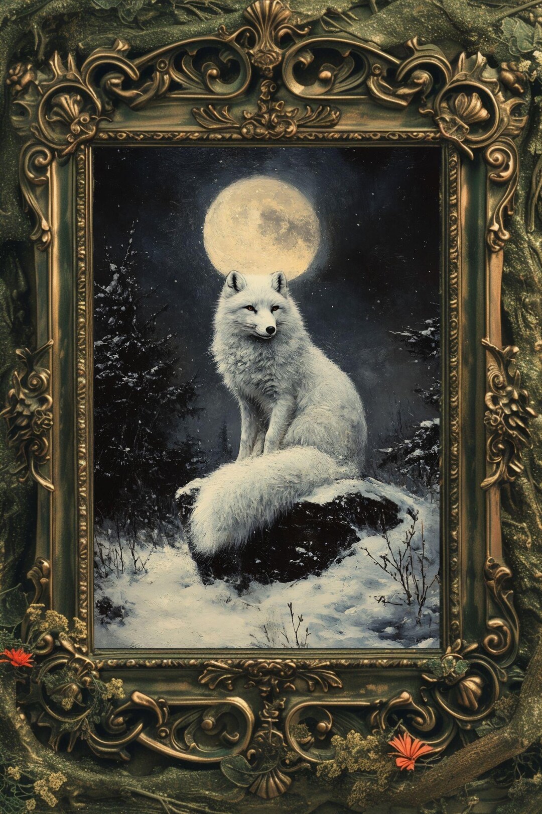 Arctic Fox Art Print: Winter Moonlight Animal Illustration - Etsy