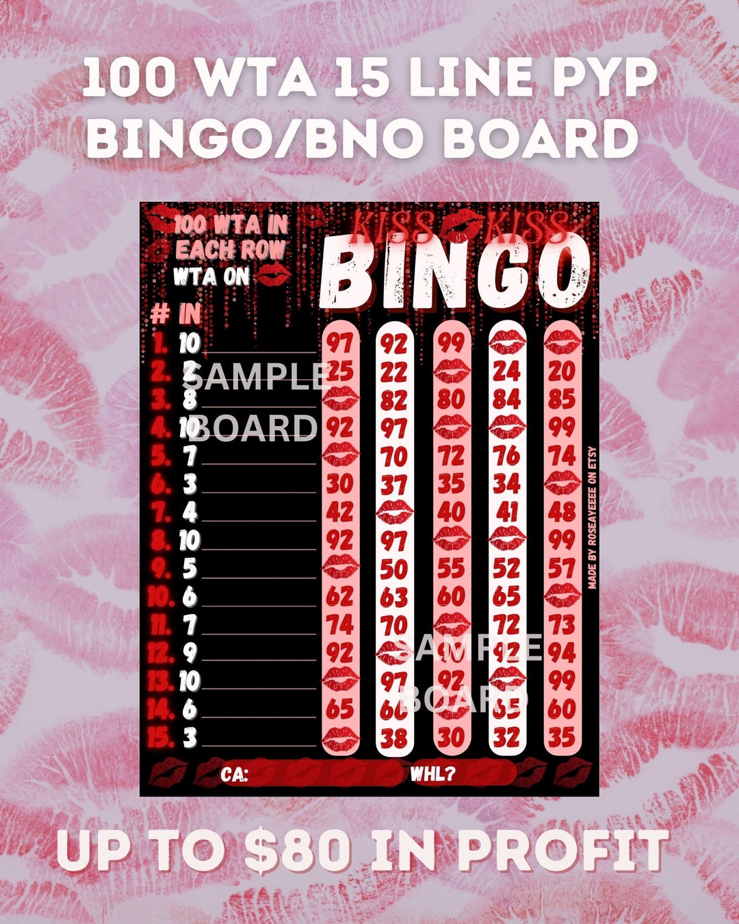 Kiss Kiss 100 WTA in Each Row, 15 Line PYP Bingo/bno Board - Etsy