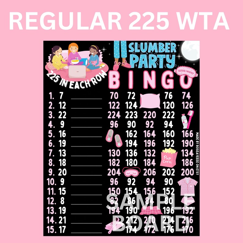 SALE! Slumber Party 200 Bingo Boards: 15 Line, WTA, PYP - Etsy