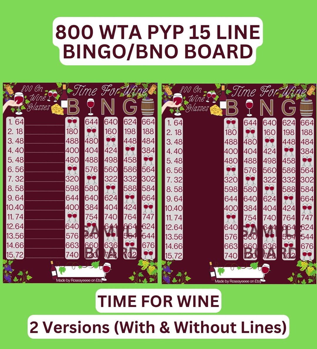 SALE! Time for Wine 800 WTA in Each Row, 15 Line PYP Themed Bingo Board ...