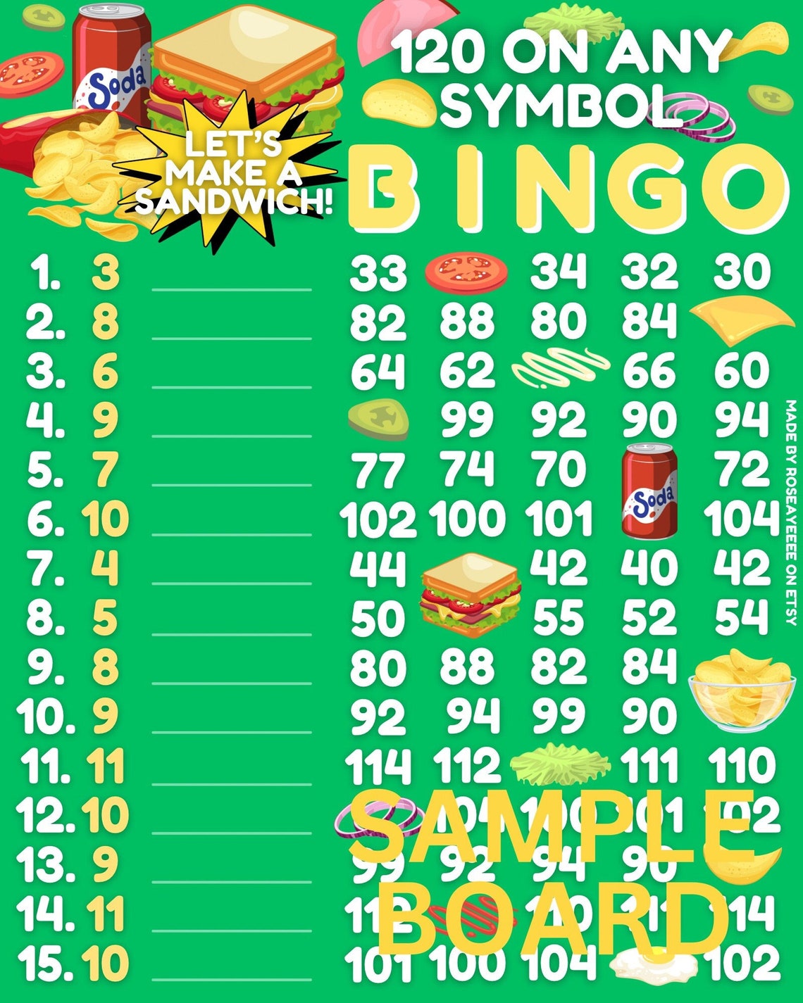 Lets Make A Sandwich 120 WTA 2 Versions Regular & Pro. Board min. 15, 15 Line PYP Themed Bingo ...