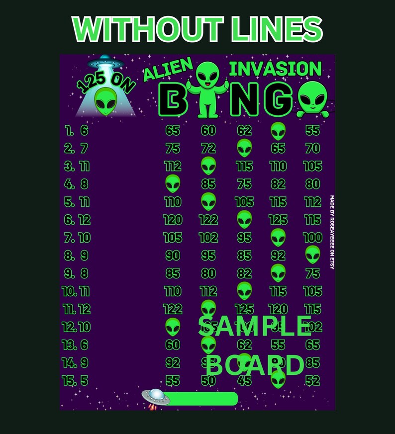 Alien Invasion 125 WTA in Each Row min. 10, 15 Line PYP Themed Bingo ...