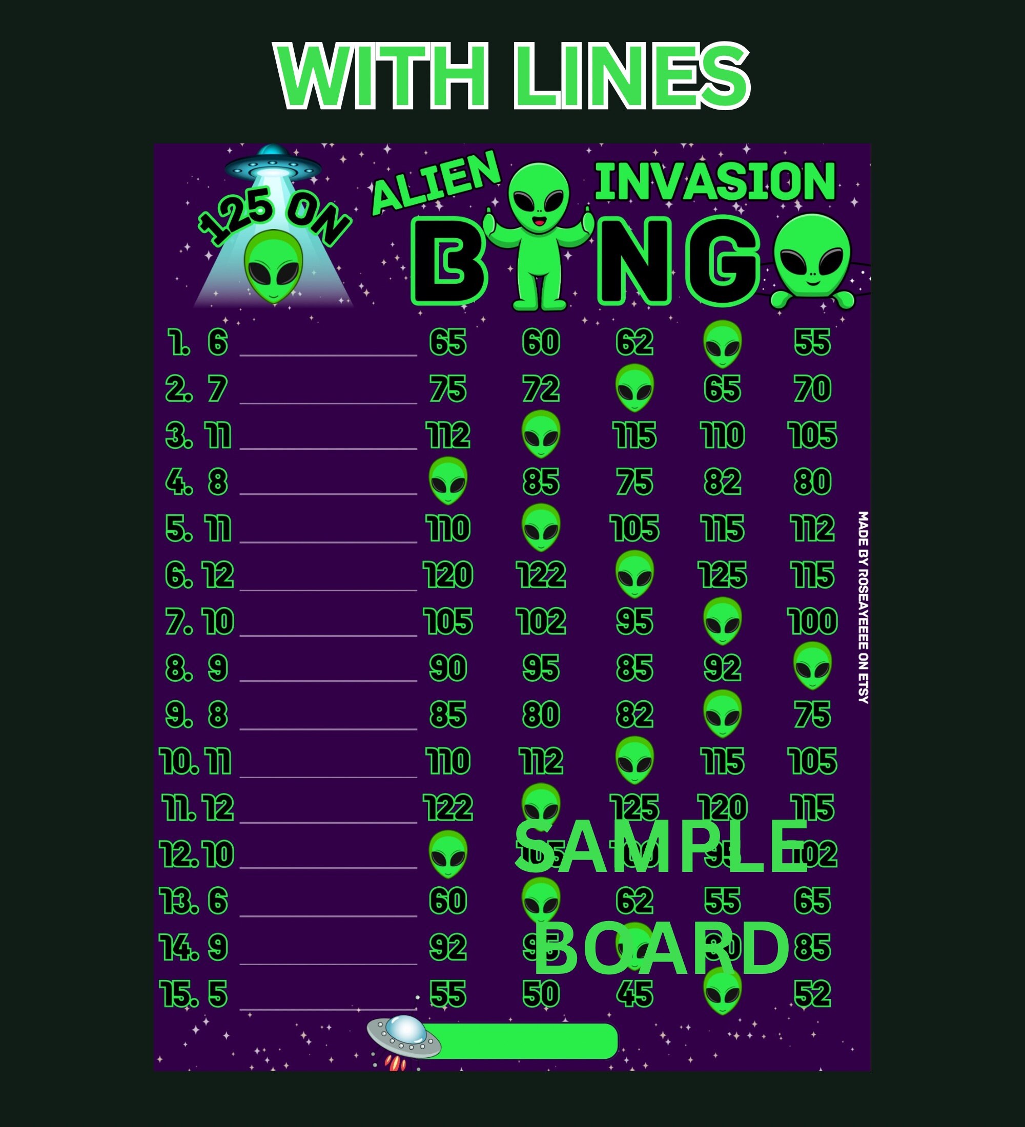 Alien Invasion 125 WTA in Each Row min. 10, 15 Line PYP Themed Bingo ...