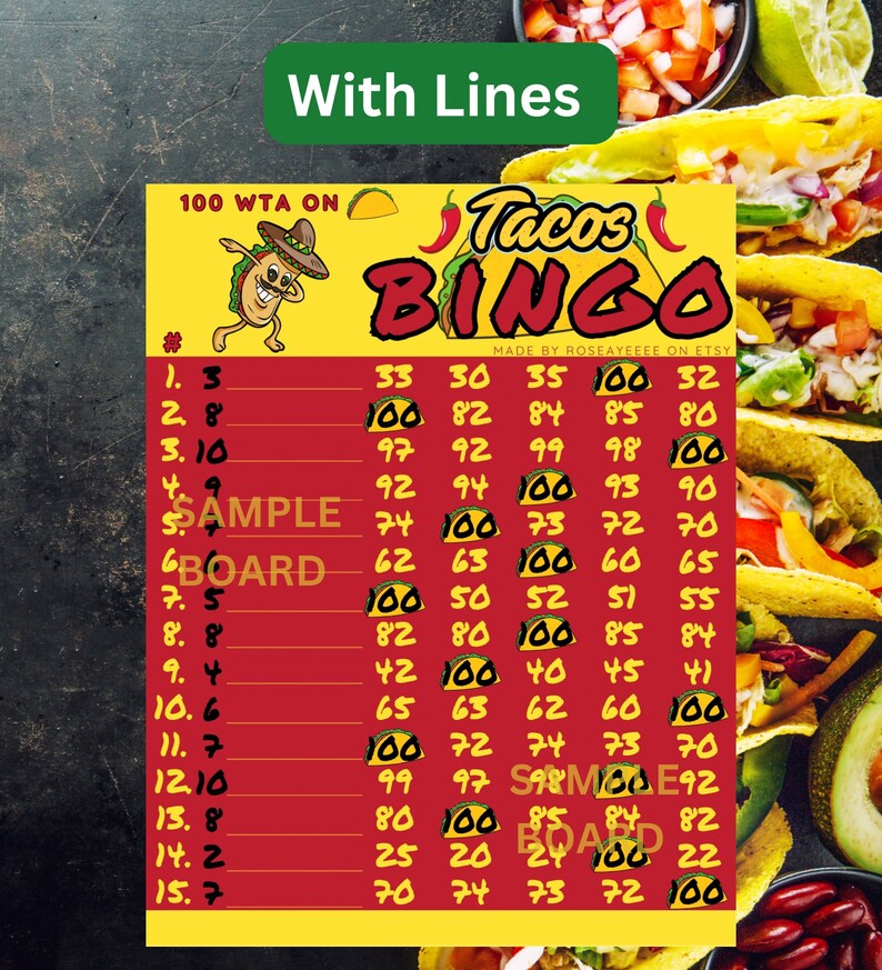 Tacos 100 WTA in Each Row 15 Line PYP Themed Bingo Board - Etsy