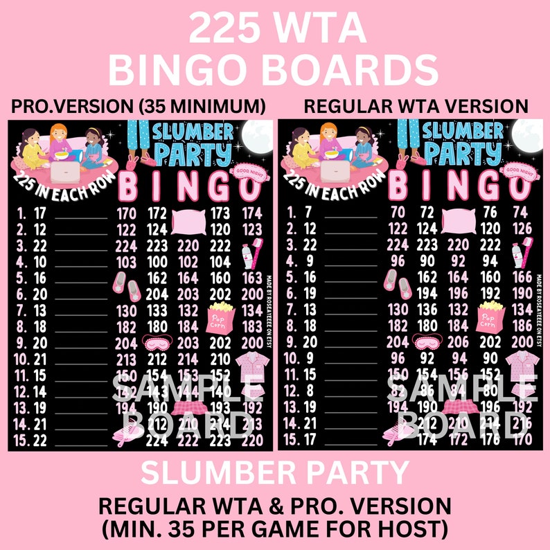 SALE! Slumber Party 200 Bingo Boards: 15 Line, WTA, PYP - Etsy