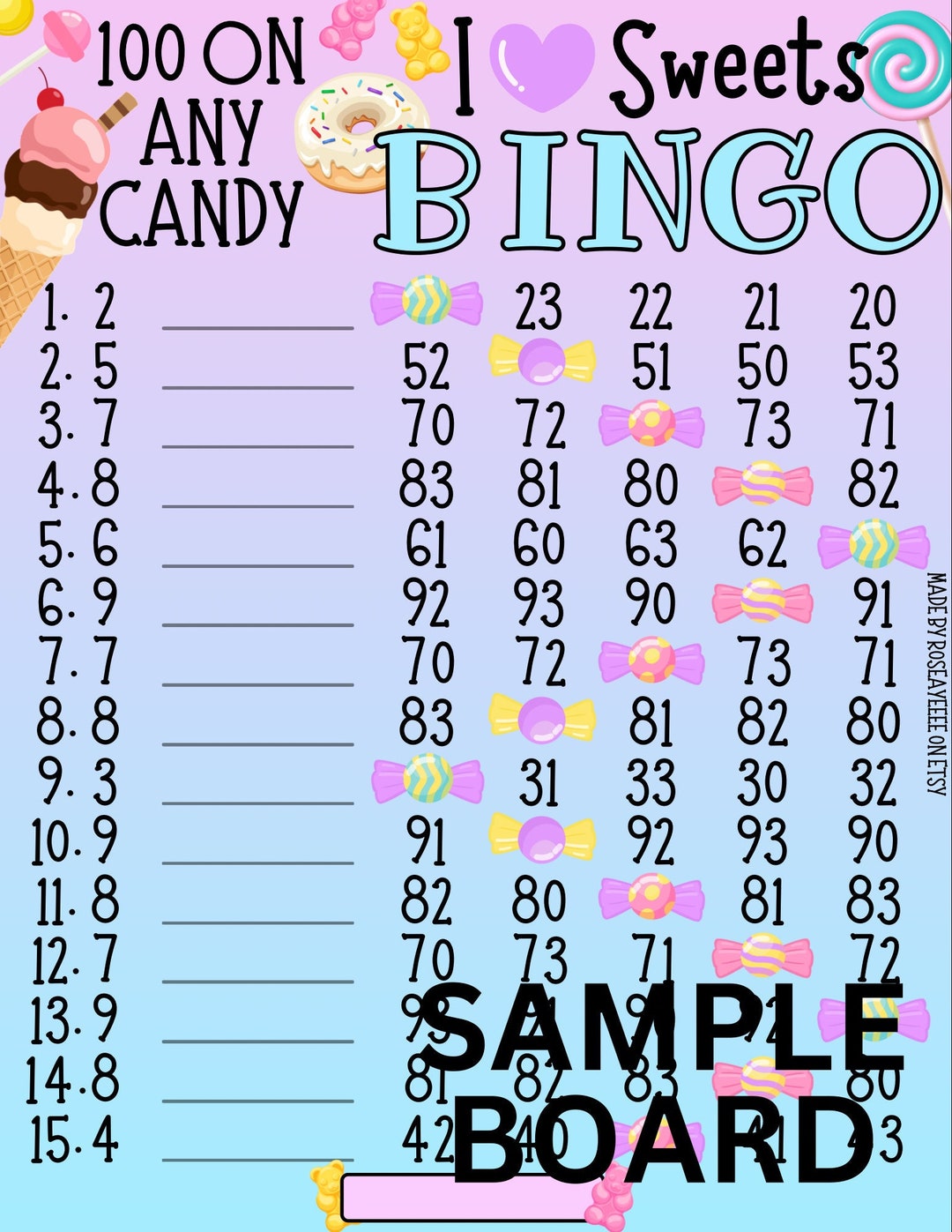 I Love Sweets 100 WTA in Each Row, 15 Line PYP Themed Bingo Boards ...