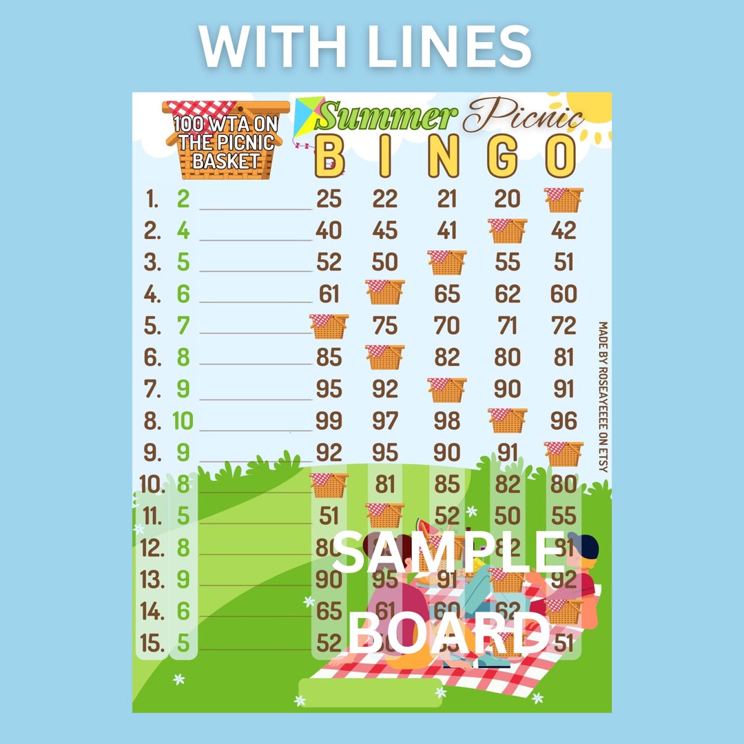 Summer Picnic 100 WTA in Each Row, 15 Line PYP Themed Bingo Board - Etsy