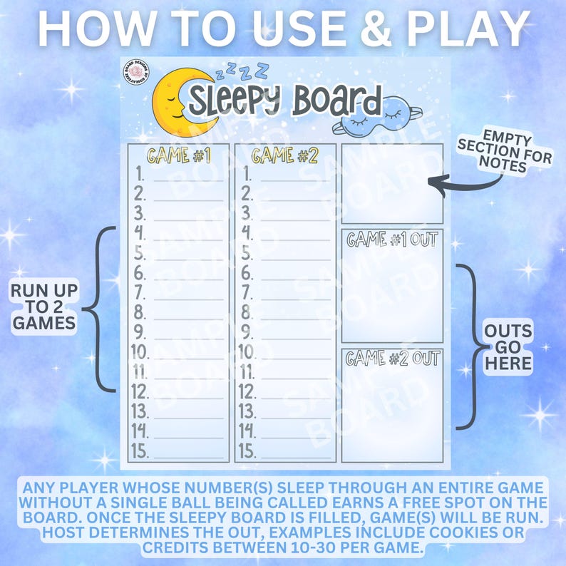 The "sleepy" Board, Nighttime Sky Theme, 1-15 Line, Bingo/bno Board for ...