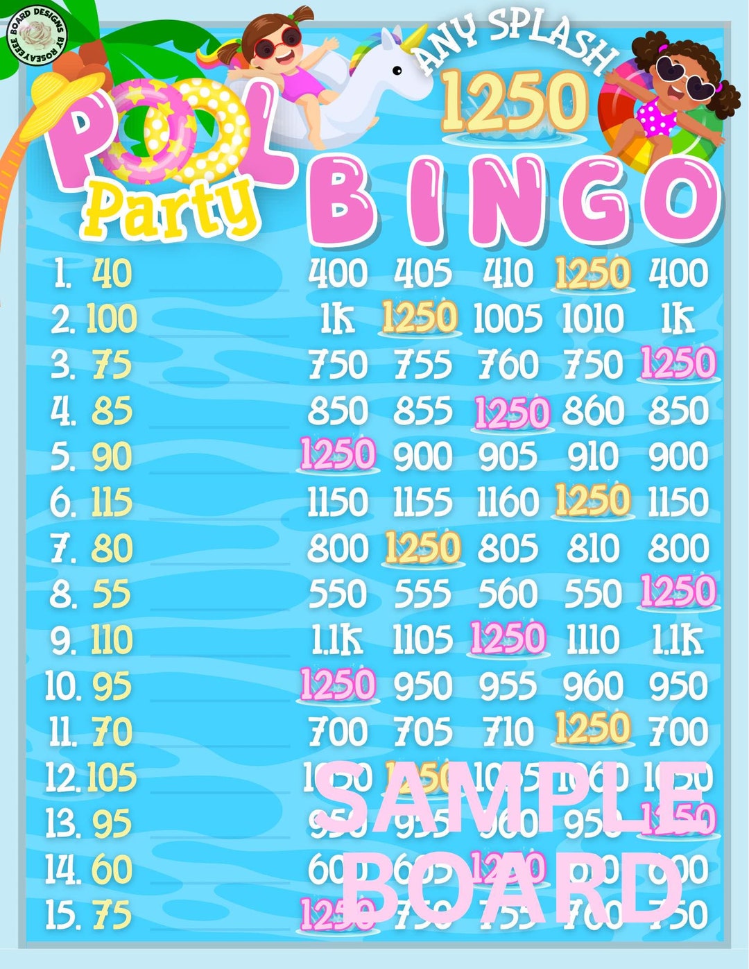 Pool Party 1250 *2 Versions* Reg. WTA & Pro. Boards, 15 Line PYP Themed ...