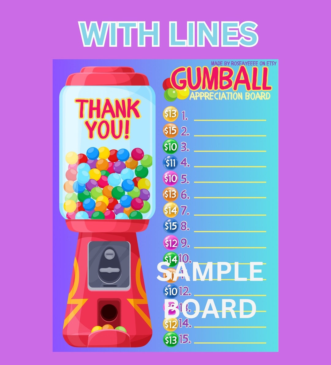 Gumball Appreciation Board (up to 15 Out, With & Without Lines) - Etsy