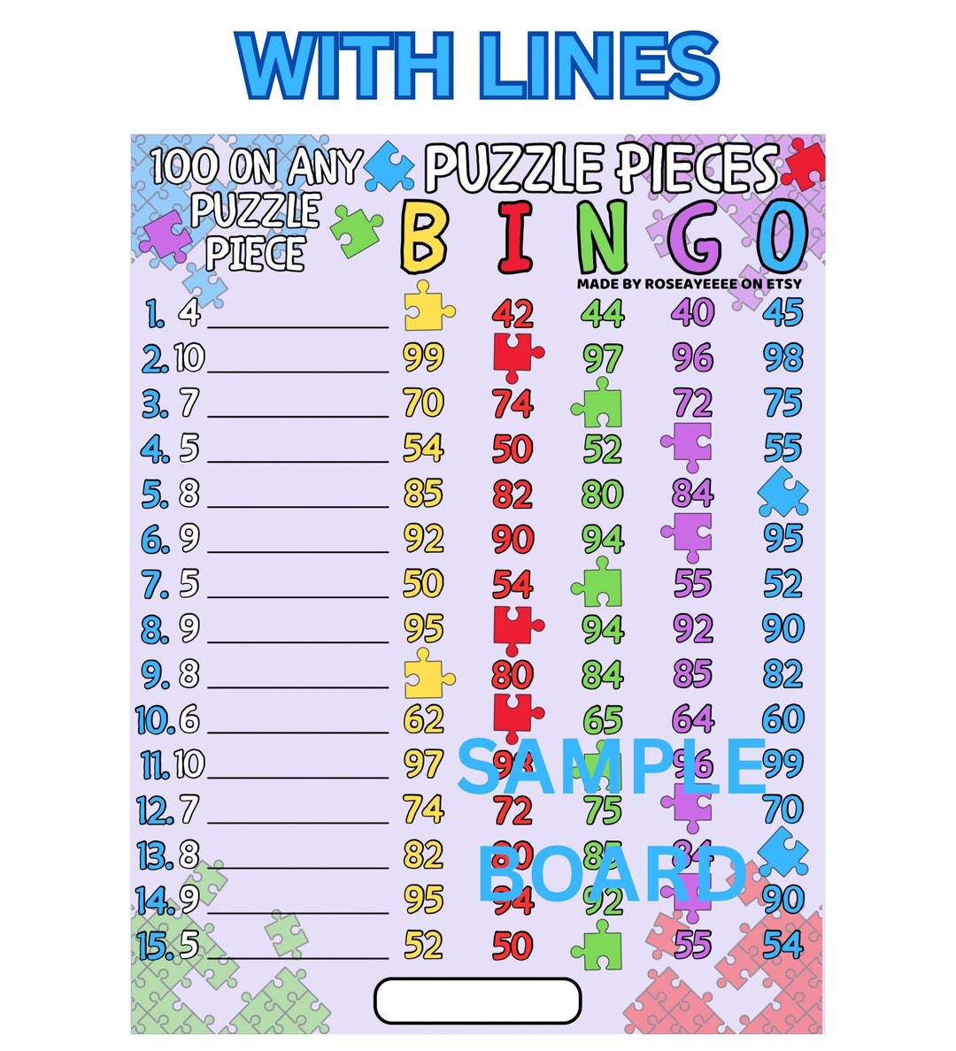 Puzzle Pieces 100 WTA in Each Row (min. 10), 15 Line PYP Themed Bingo ...