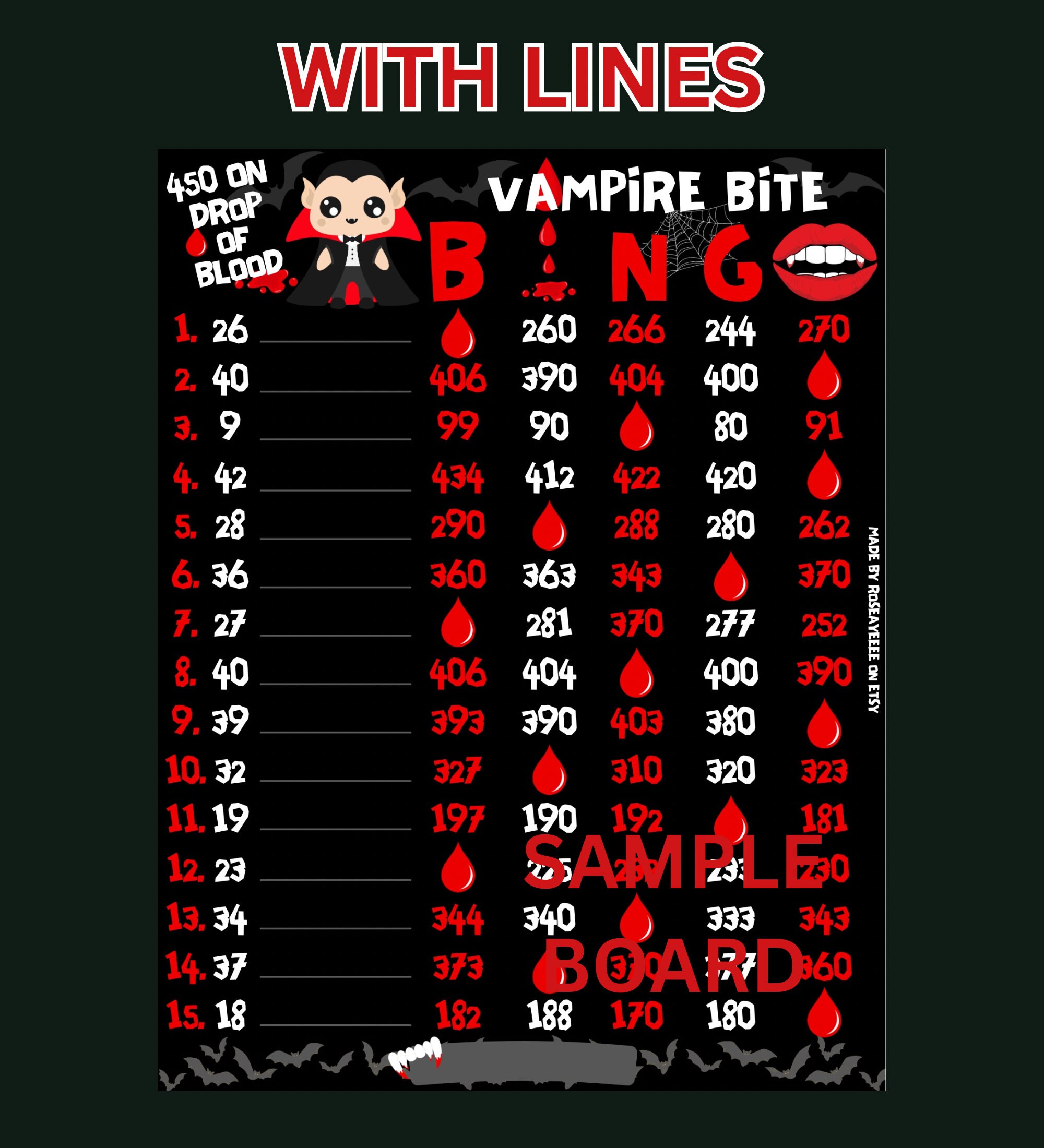 Vampire Bite 450 WTA, 15 Line PYP Themed Bingo Board, 2 Versions with ...
