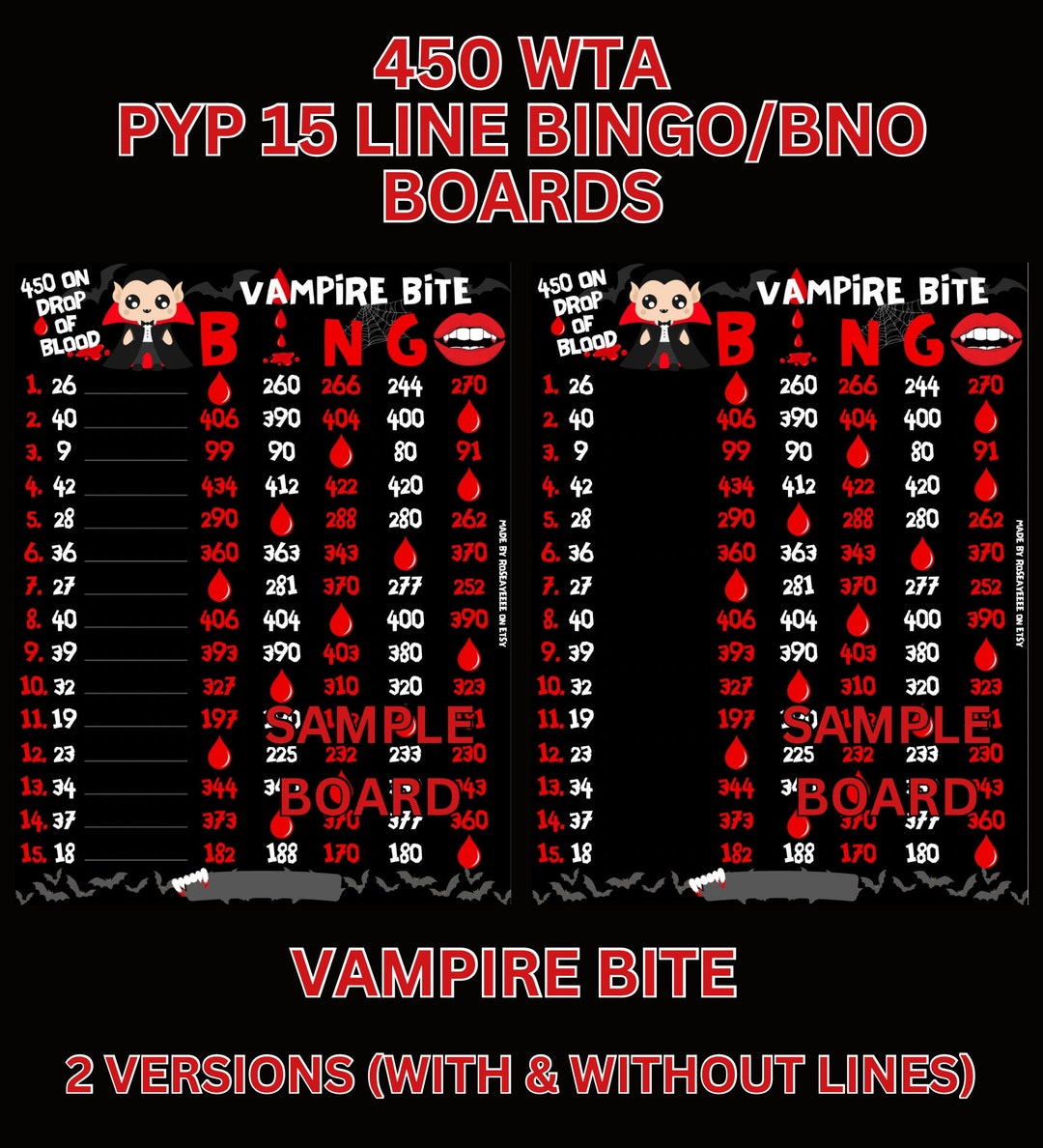 Vampire Bite 450 WTA, 15 Line PYP Themed Bingo Board, 2 Versions with/without Lines - Etsy