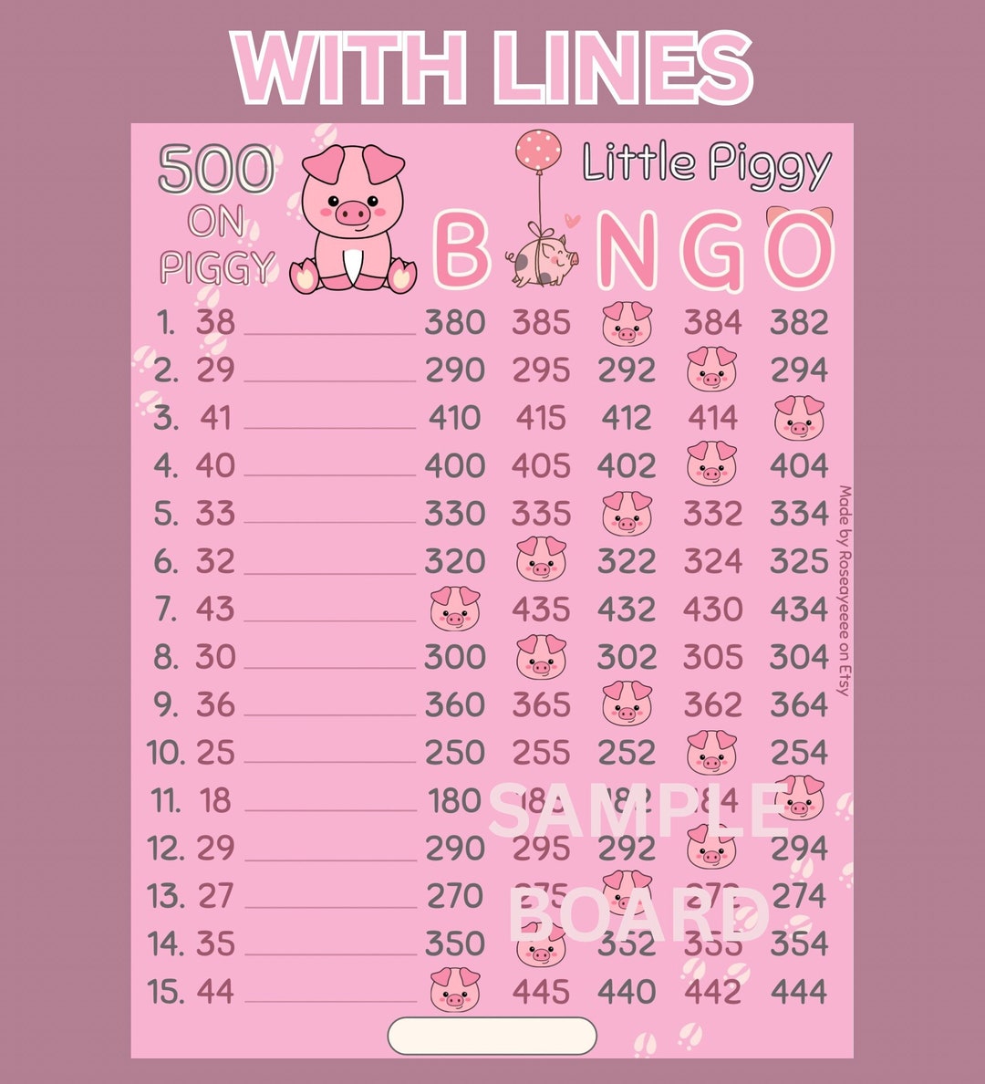 SALE! Little Piggy 500 WTA in Each Row, 15 Line PYP Themed Bingo Board ...