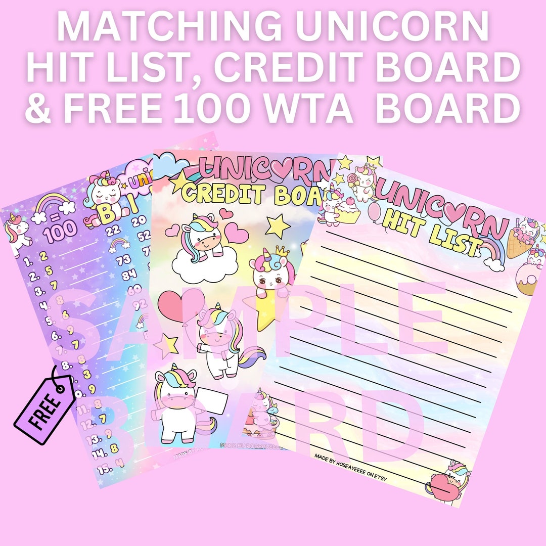 Unicorn 3 Board Bundle (hit List, Credit Board & 100 WTA Board) - Etsy