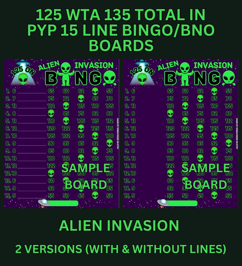 Alien Invasion 125 WTA in Each Row min. 10, 15 Line PYP Themed Bingo ...