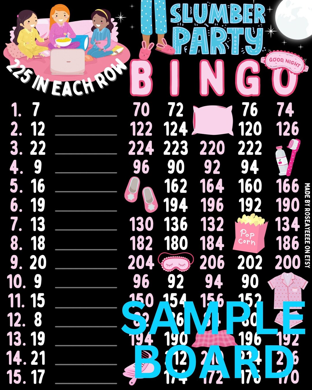 SALE! Slumber Party 200 Bingo Boards: 15 Line, WTA, PYP - Etsy
