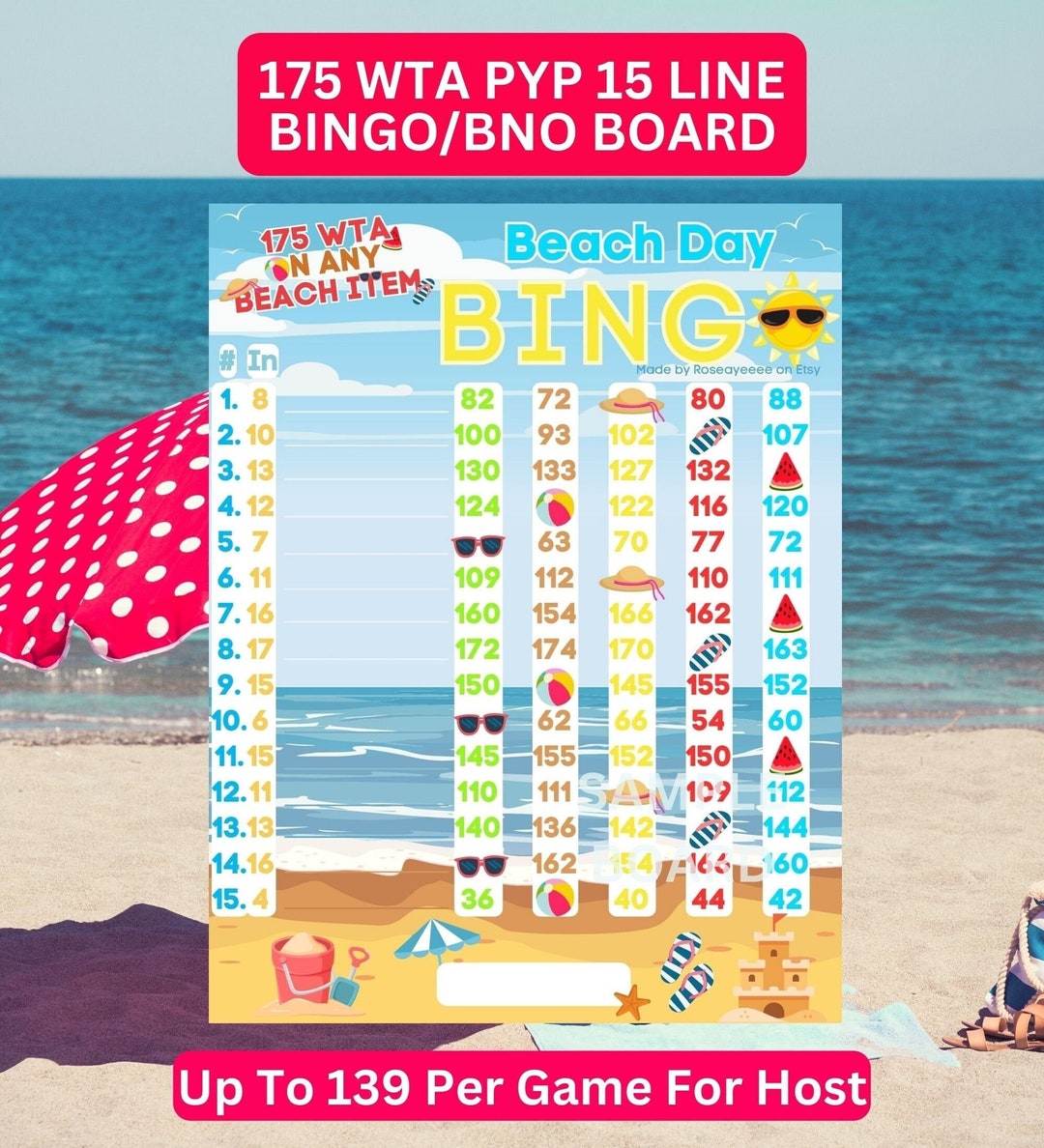 Beach Day 175 WTA in Each Row, 15 Line PYP Themed Bingo Board - Etsy