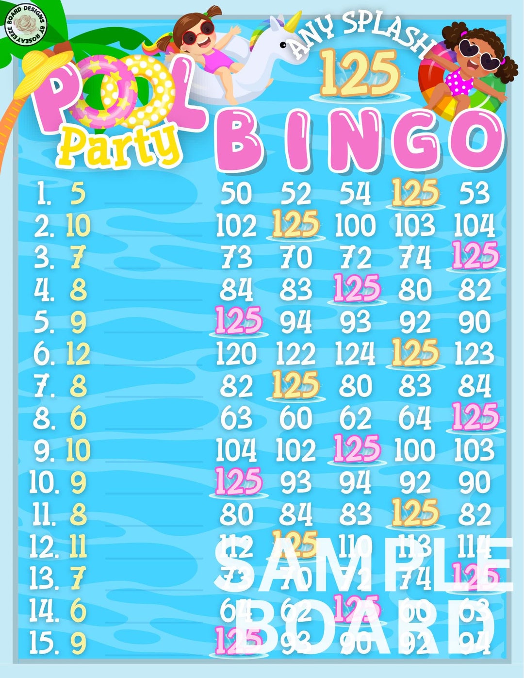 Pool Party 125 *2 Versions* Reg. WTA & Pro. Boards, 15 Line PYP Themed ...