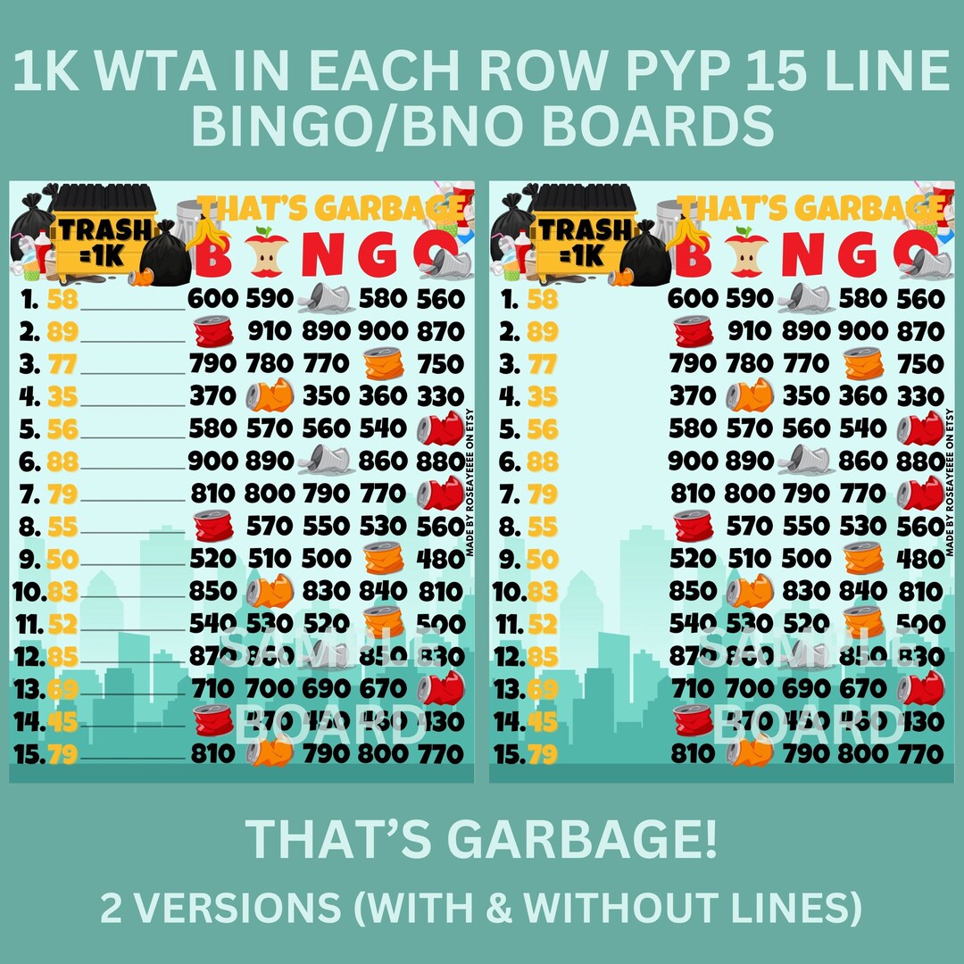 SALE! That’s Garbage 1K Bingo Boards: 15 Line, WTA, PYP - Etsy
