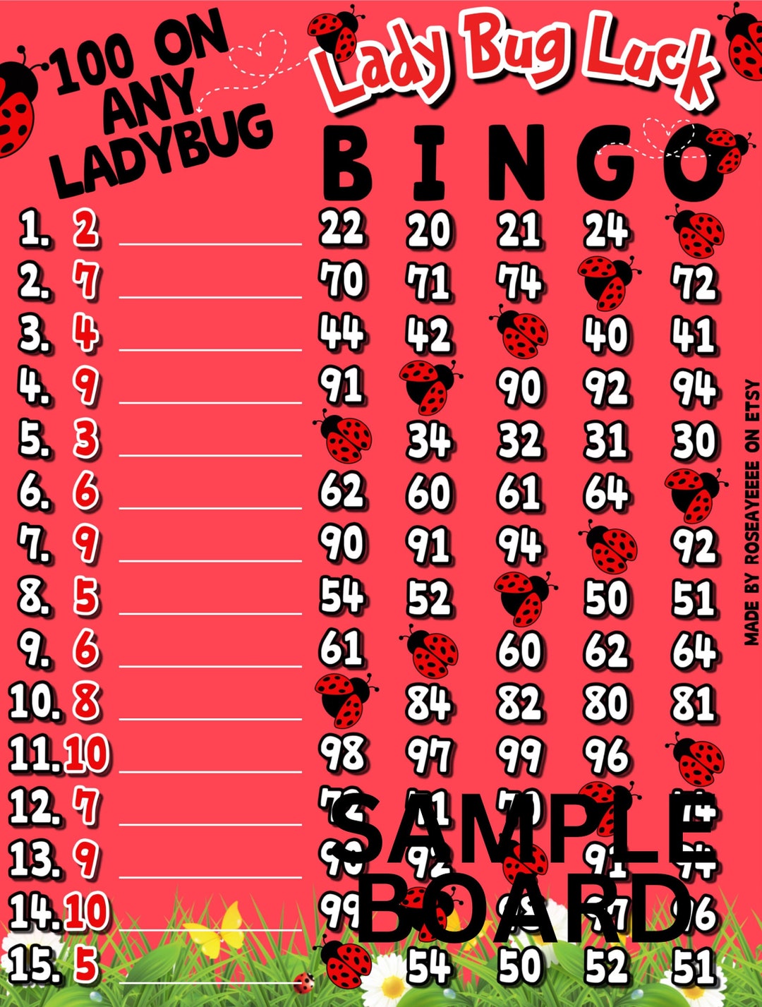 Lady Bug Luck 100 WTA in Each Row, 15 Line PYP Themed Bingo Board (with ...