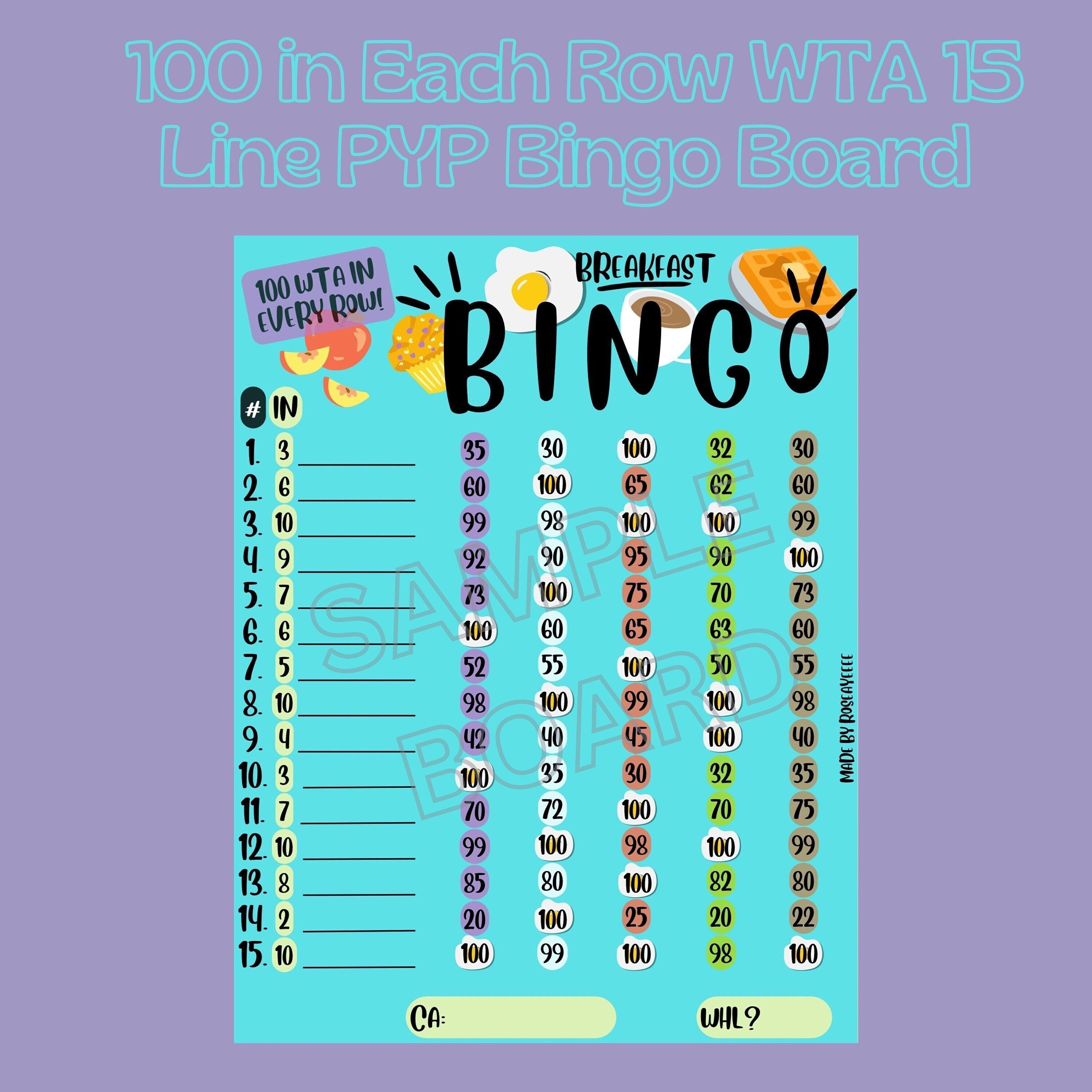 SALE! Breakfast 100 WTA in Each Row, 15 Line PYP Themed Bingo Board - Etsy