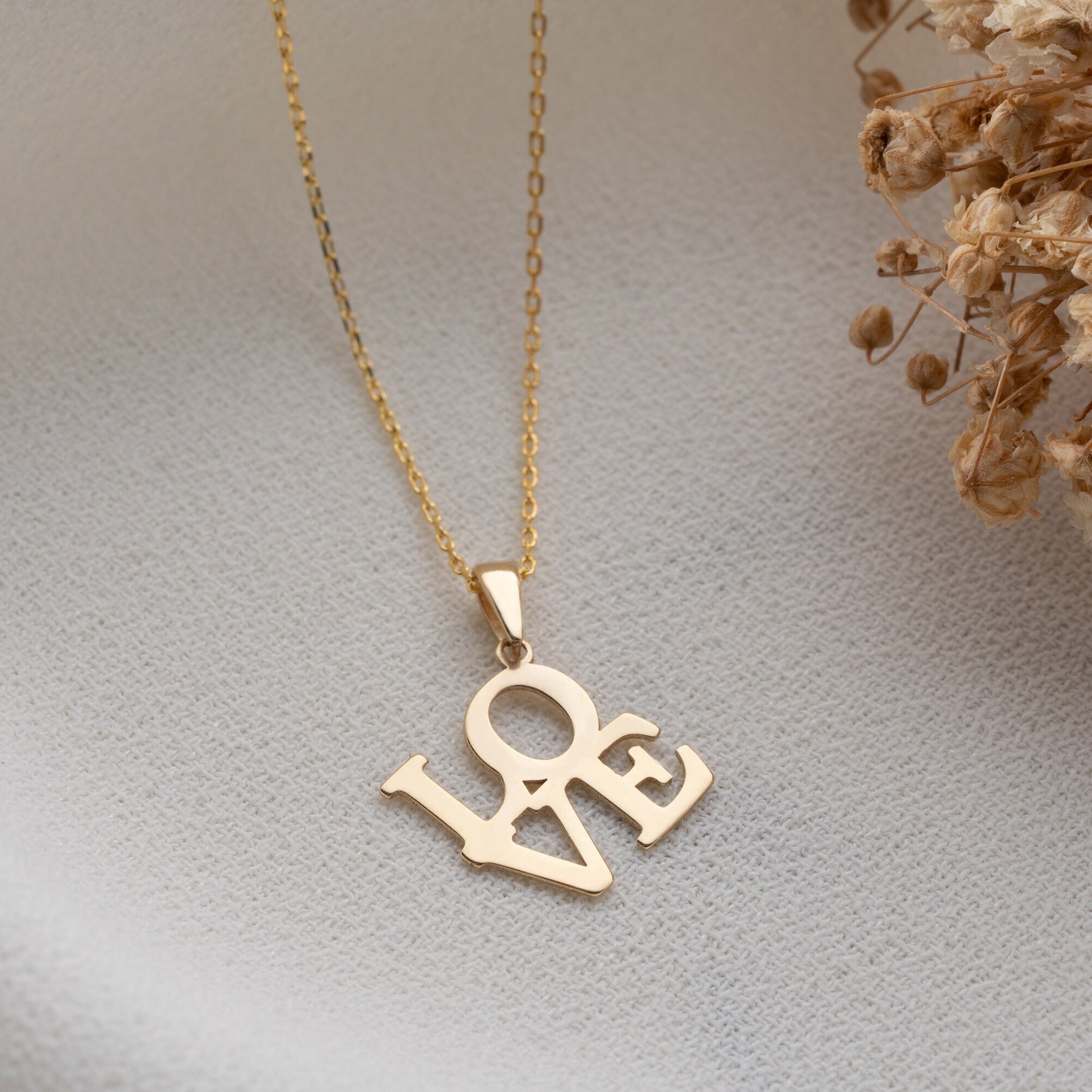 14k Solid Gold Love Necklace, Real Gold Love Pendant, Solid Gold Love ...