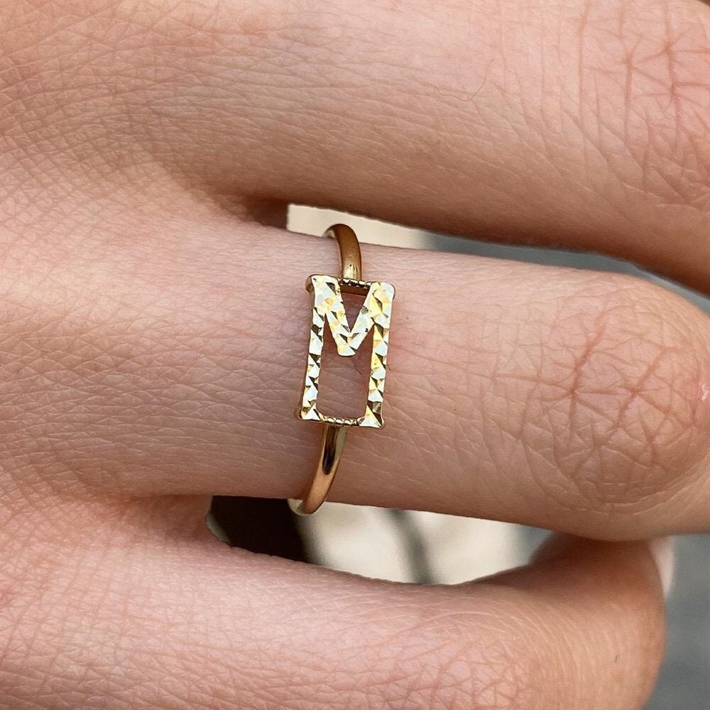 Dainty Initial Ring, Custom Letter Ring, Tiny Solid Gold Initial Ring, Dainty 14k Gold Custom ...