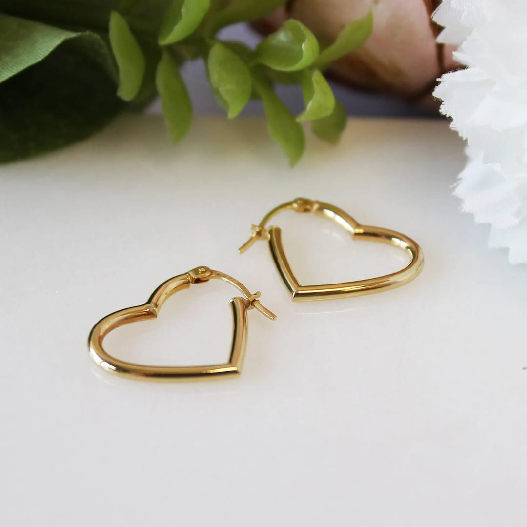 14K Solid Gold Heart Earrings, Gold Heart Hoop Earrings, Real Yellow ...