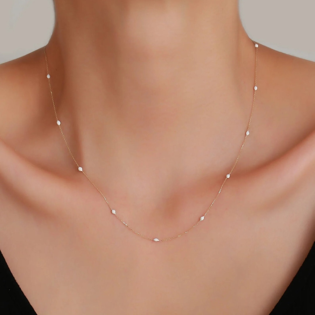 Solid 14K Gold White Bead Necklace, 14K Solid Gold Dainty Necklace ...