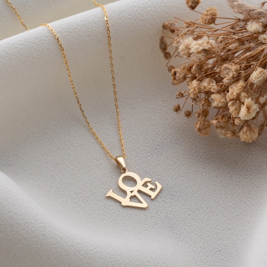 14k Solid Gold Love Necklace, Real Gold Love Pendant, Solid Gold Love ...