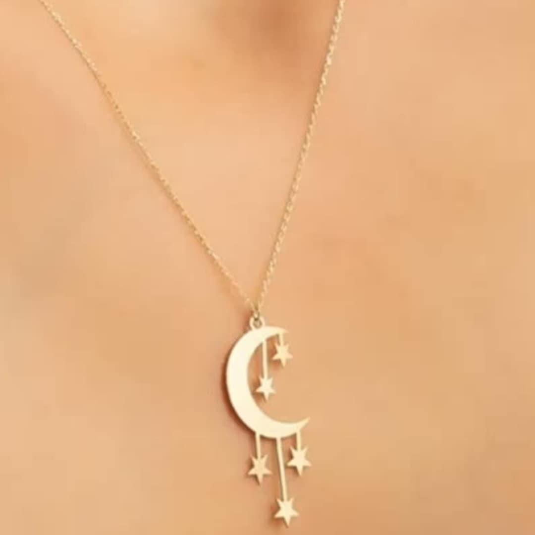 14K Solid Gold, Moon and Star Pendant Necklace, Crescent Moon Charm Necklace - Etsy