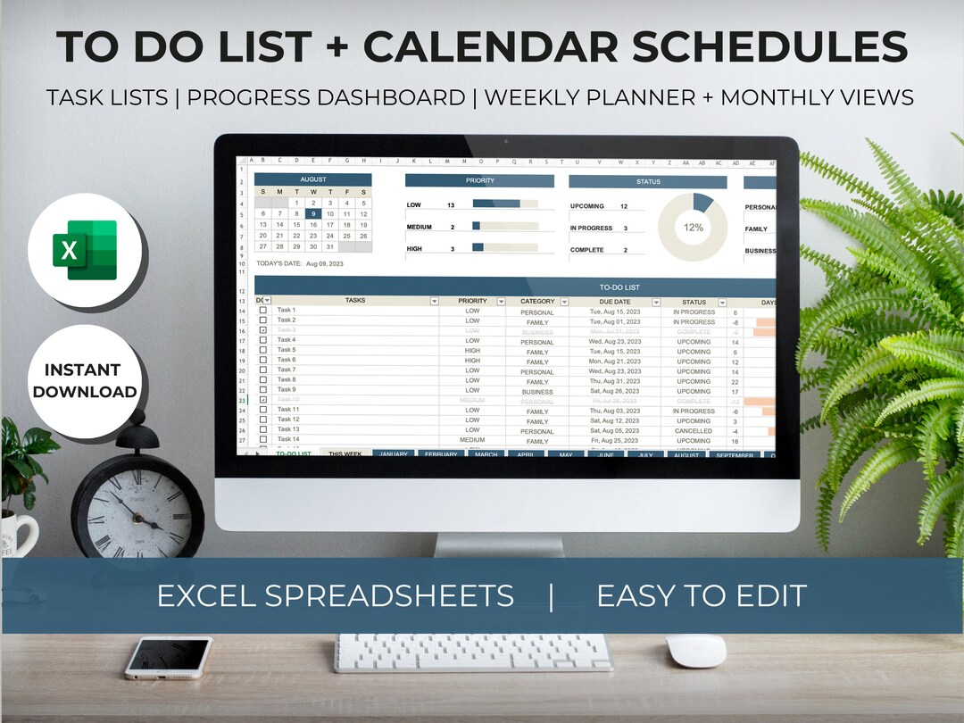 Customizable Excel To-do List Planner Daily-weekly Schedule & Calendar ...