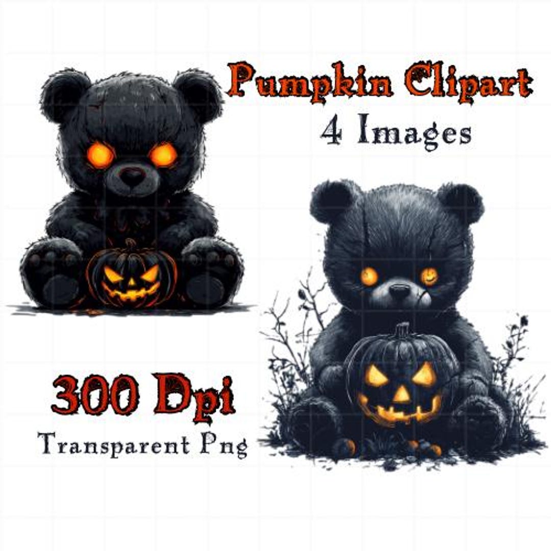 Happy Halloween Dark Gothic Teddy Bear With Jack O Lantern Hand Drawn ...