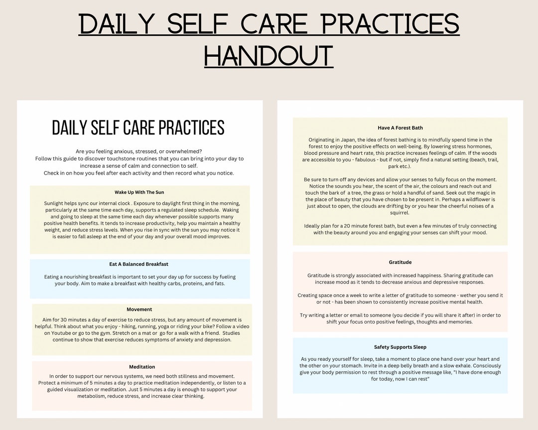 Self Care Practices Handout / Therapist Handout / Mental Health ...