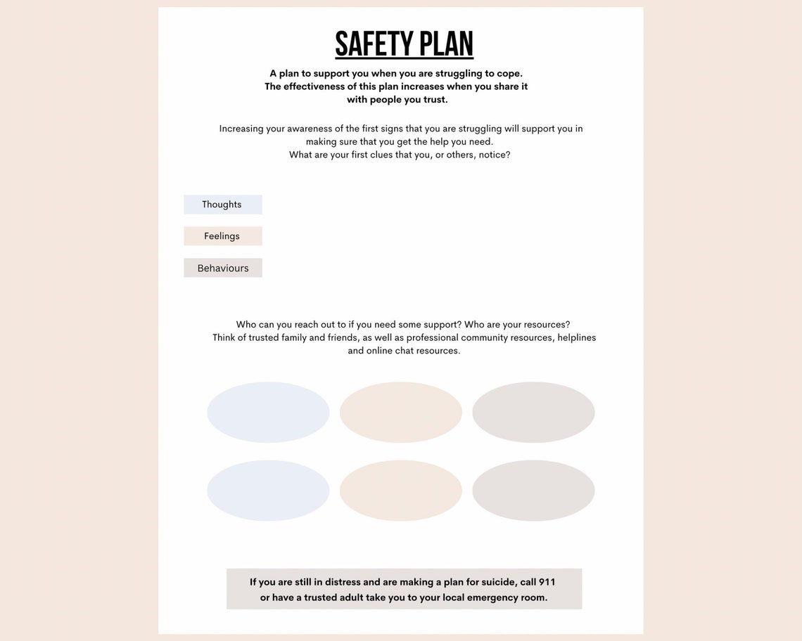 Safety Plan for Adults / Therapy Worksheet / Resources / Suicide ...
