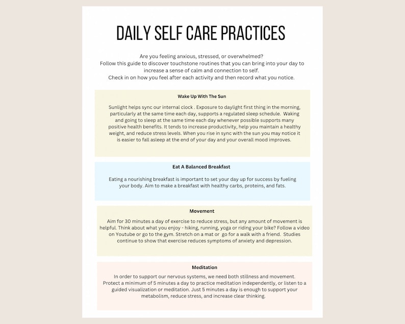 Self Care Practices Handout / Therapist Handout / Mental Health ...