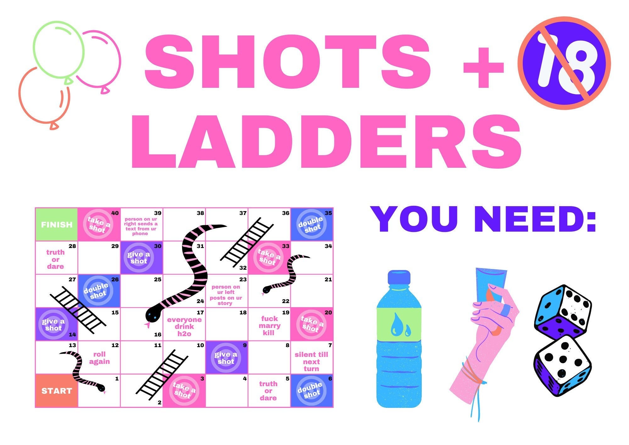Shots and Ladders Board Game, Printable Drinking Board Game, Black Out ...