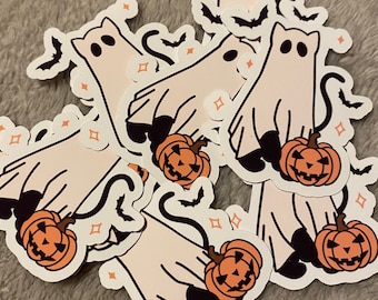 Spooky Halloween Ghost Cat Sticker Glossy Vinyl Waterproof Cute & Funny ...
